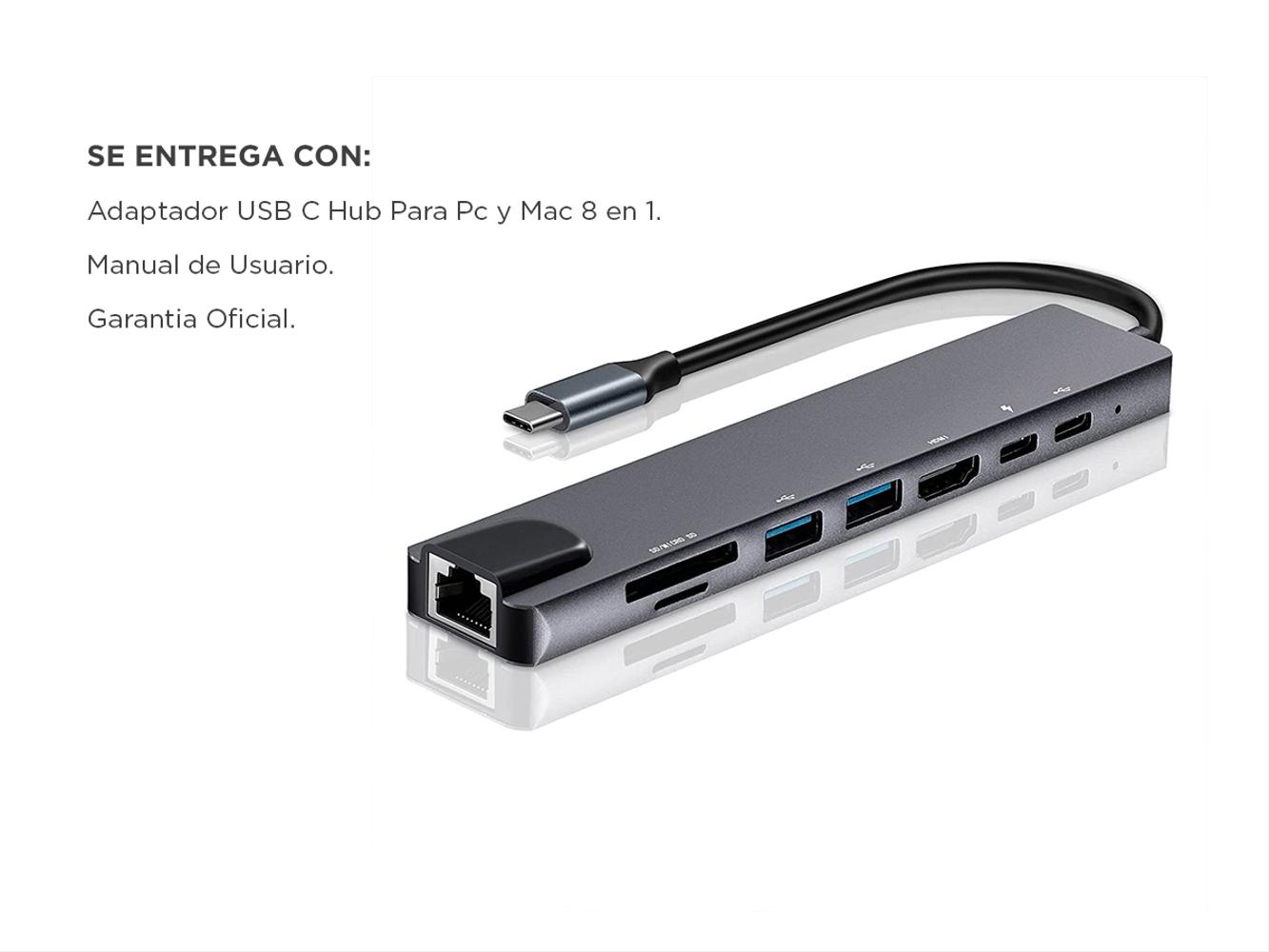 Adaptador USB C Hub Para Mac y Pc 8 en 1 Usb C - HDMI - Usb 3.0 - Red | Bidcom