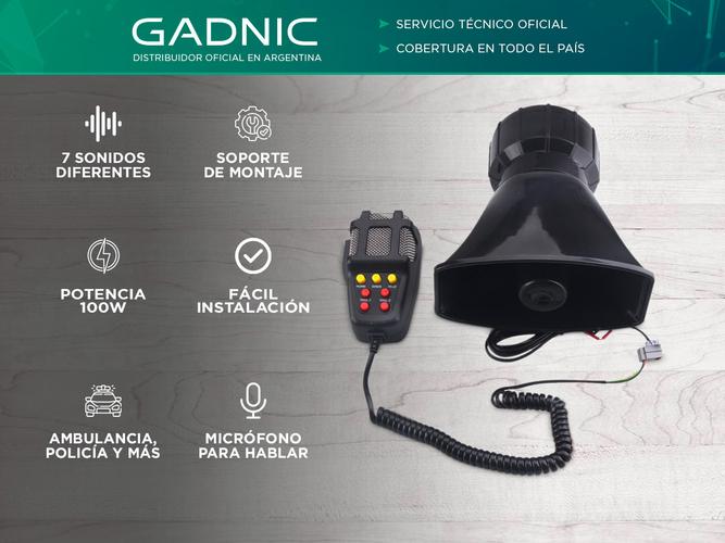Sirena 100w 7 Sonidos Tono Alarma Moto Auto Policia Megafono | Gadnic