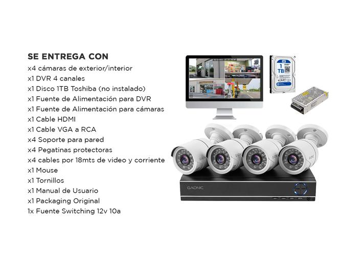 Kit x 4 Camaras de Seguridad DVR + Fuente Switch 1TB Full HD | Gadnic